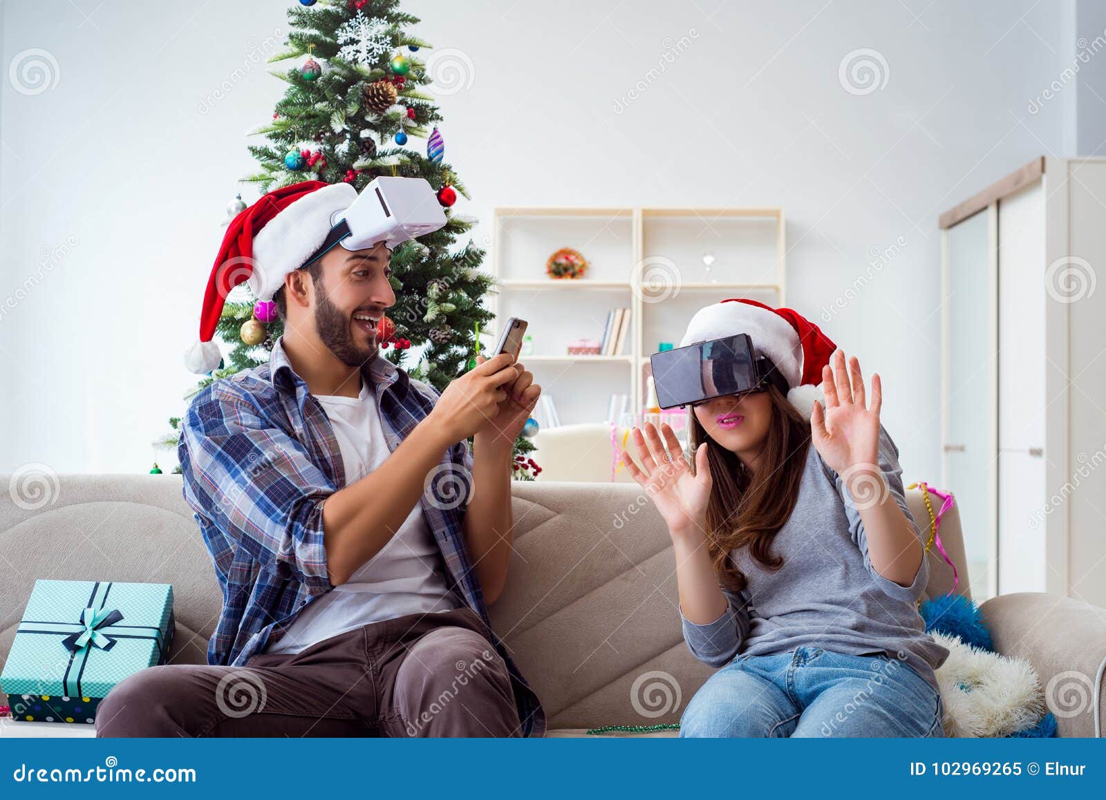 The Happy Family Using Virtual Reality Vr Glasses during Christmas ...