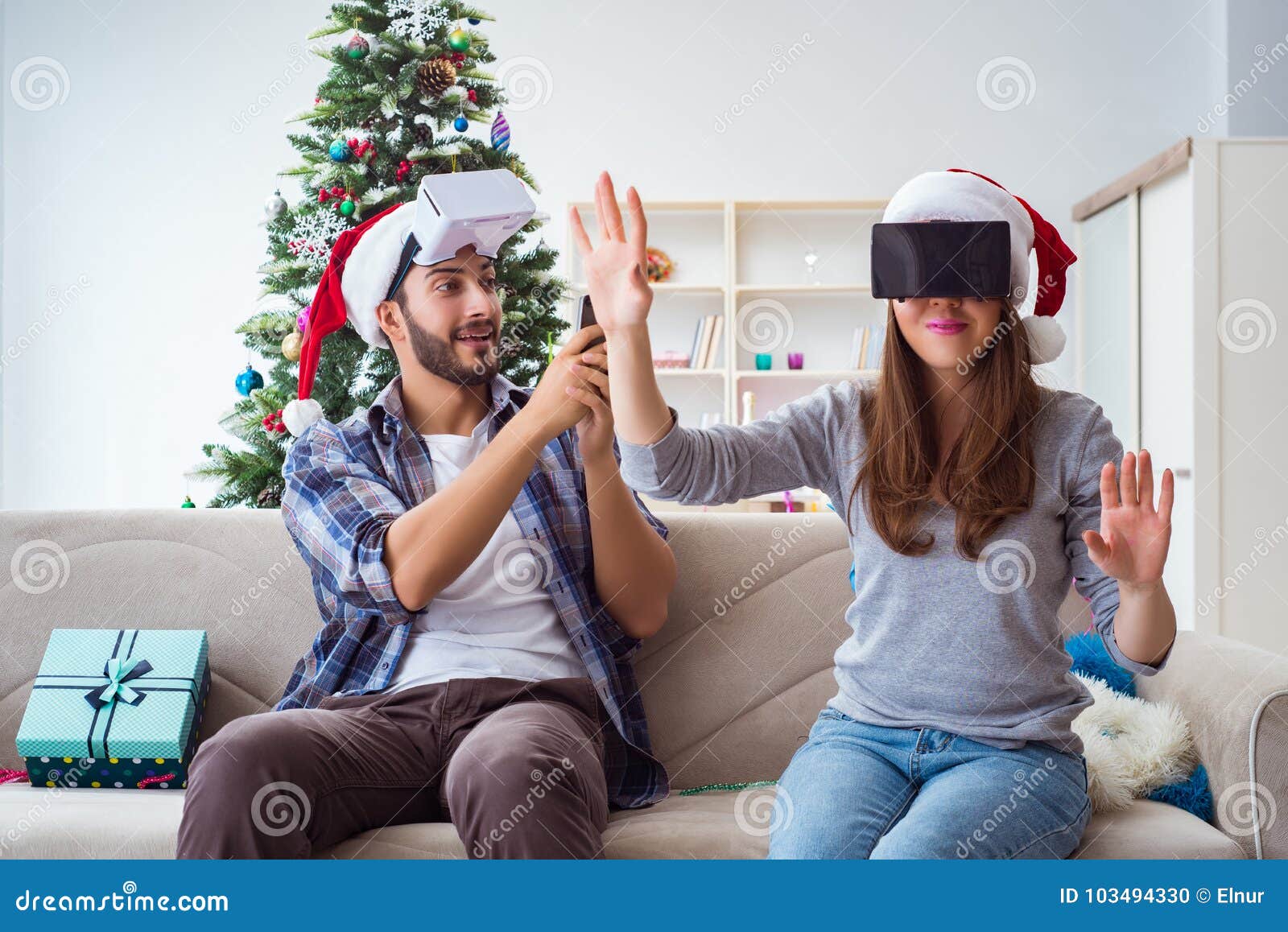 The Happy Family Using Virtual Reality Vr Glasses during Christmas ...