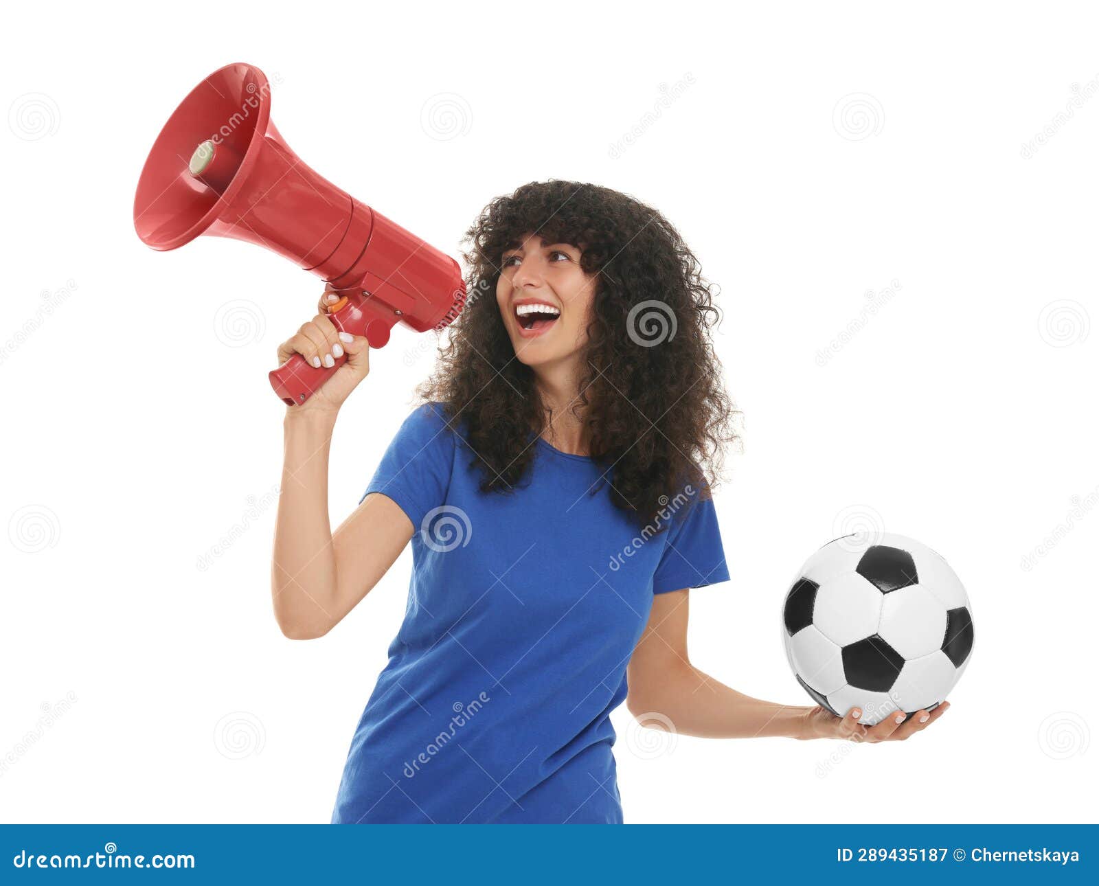 Happy Fan with Soccer Ball Using Megaphone Isolated on White Stock ...
