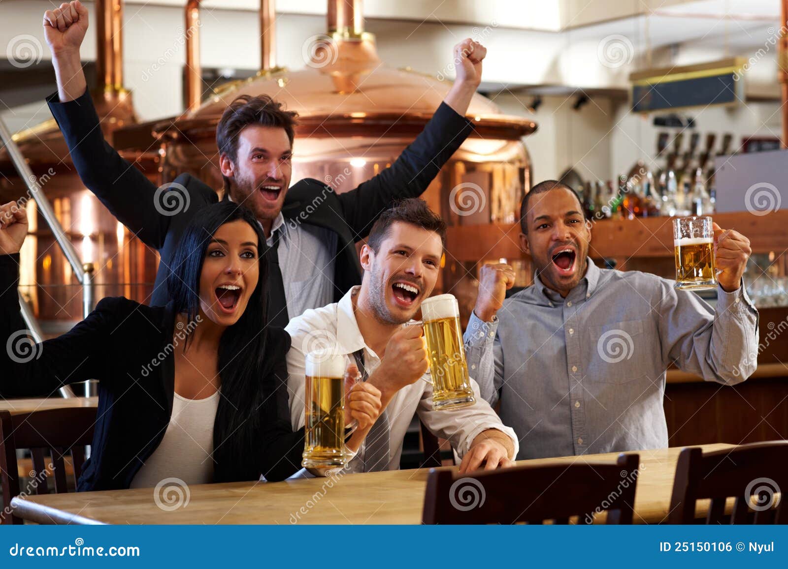 Happy Fans Watching TV in Pub Cheering Stock Photo - Image of excited ...