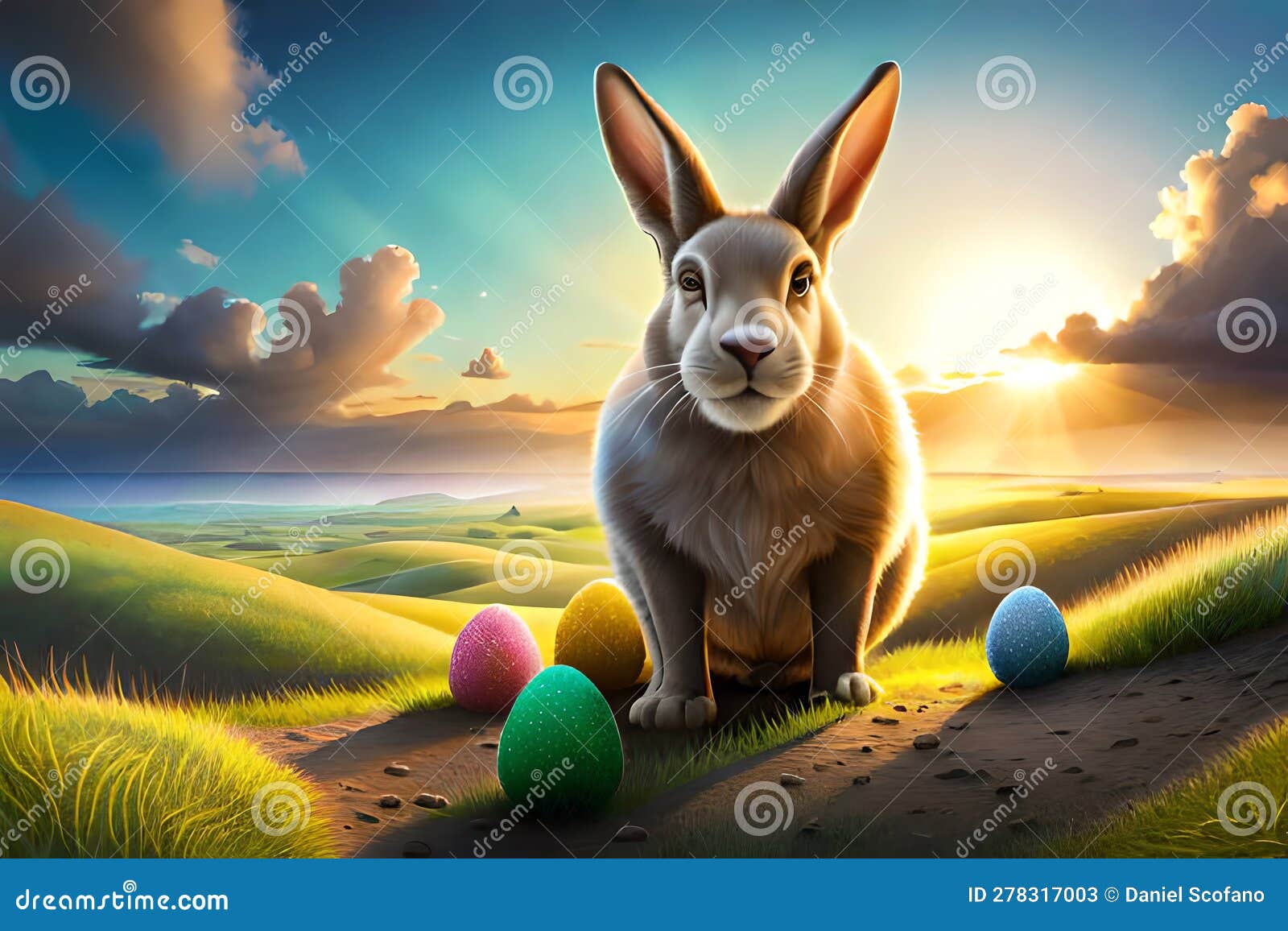 Happy Fat Easter Bunny Surrounded with Colourful Easter Eggs ...