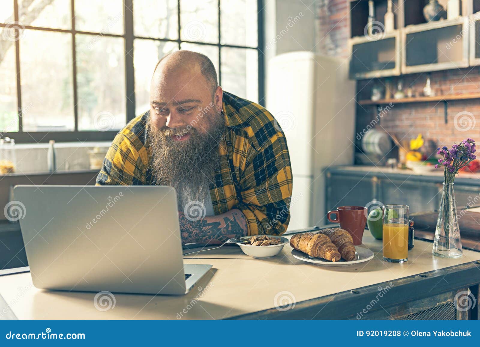 Happy Fat Man Using Computer in Cook Room Stock Photo - Image of cook ...