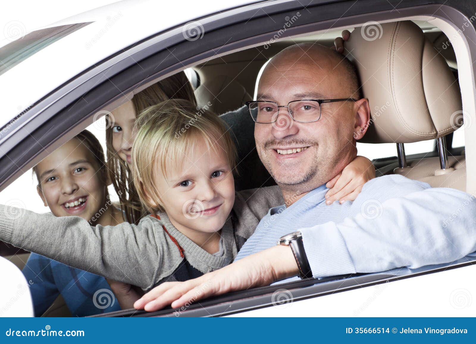 Happy Father with Children in the Car Stock Photo - Image of child ...