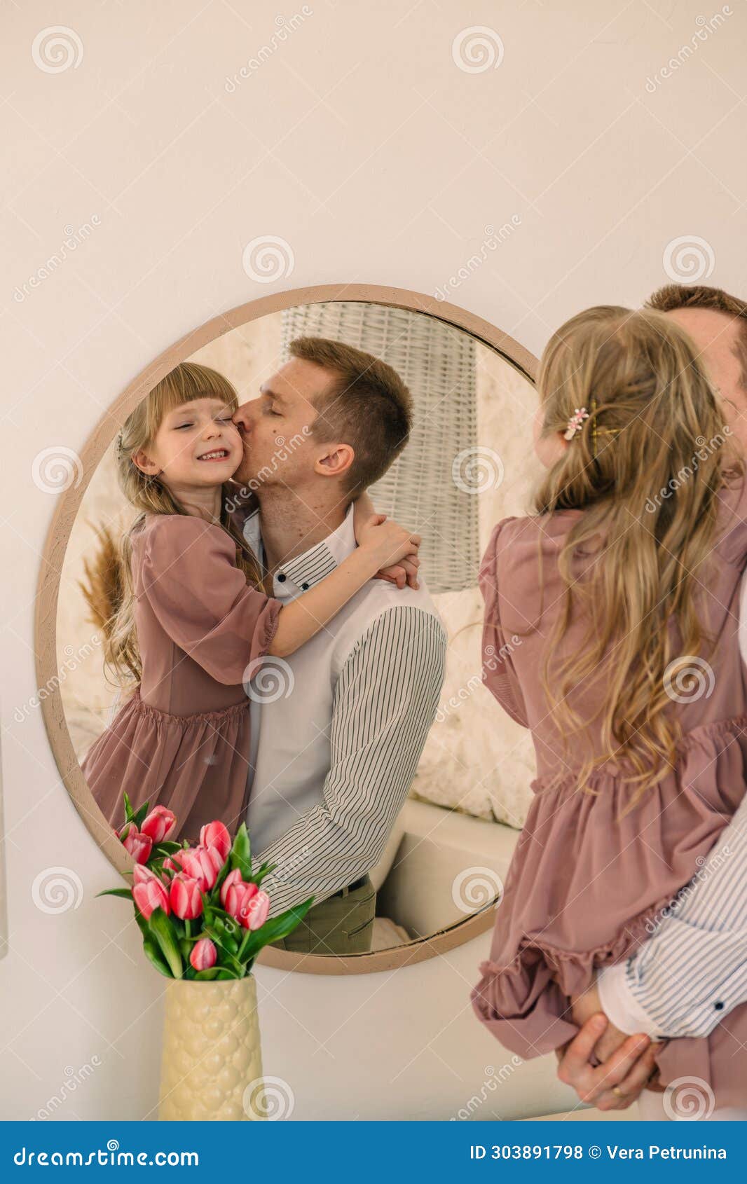 Happy Father with Daughter Reflection in the Mirror Stock Photo - Image ...