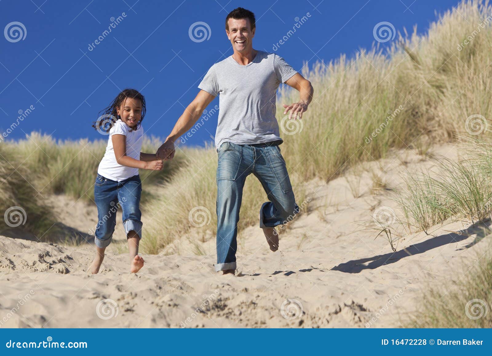 Happy Father and Daughter Running at Beach Stock Photo - Image of mixed ...