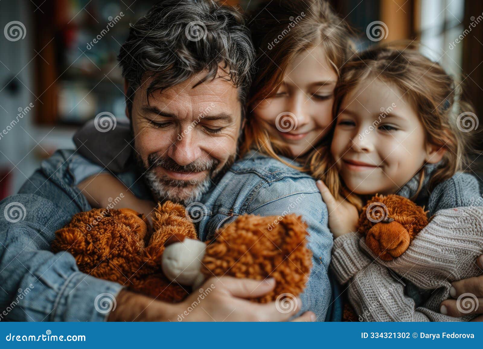 Happy Father with Daughters Hugging Teddy Bears at Home Stock Photo ...