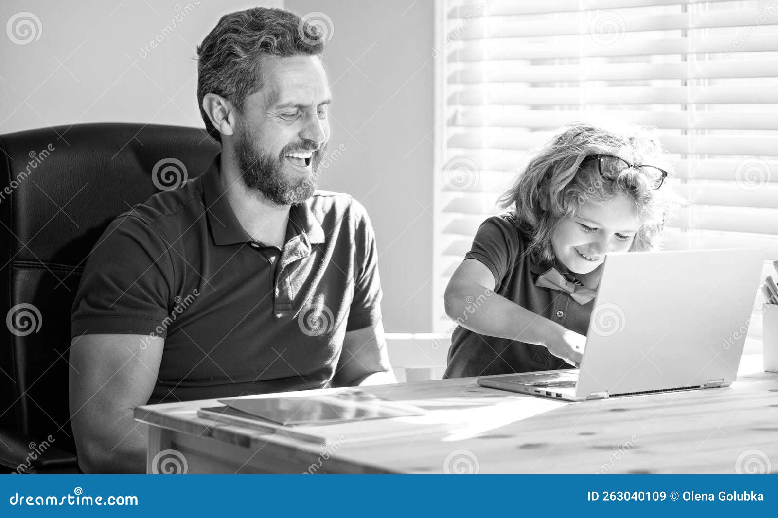 Happy Father Helping His School Son Study with Laptop at Home, Webinar ...