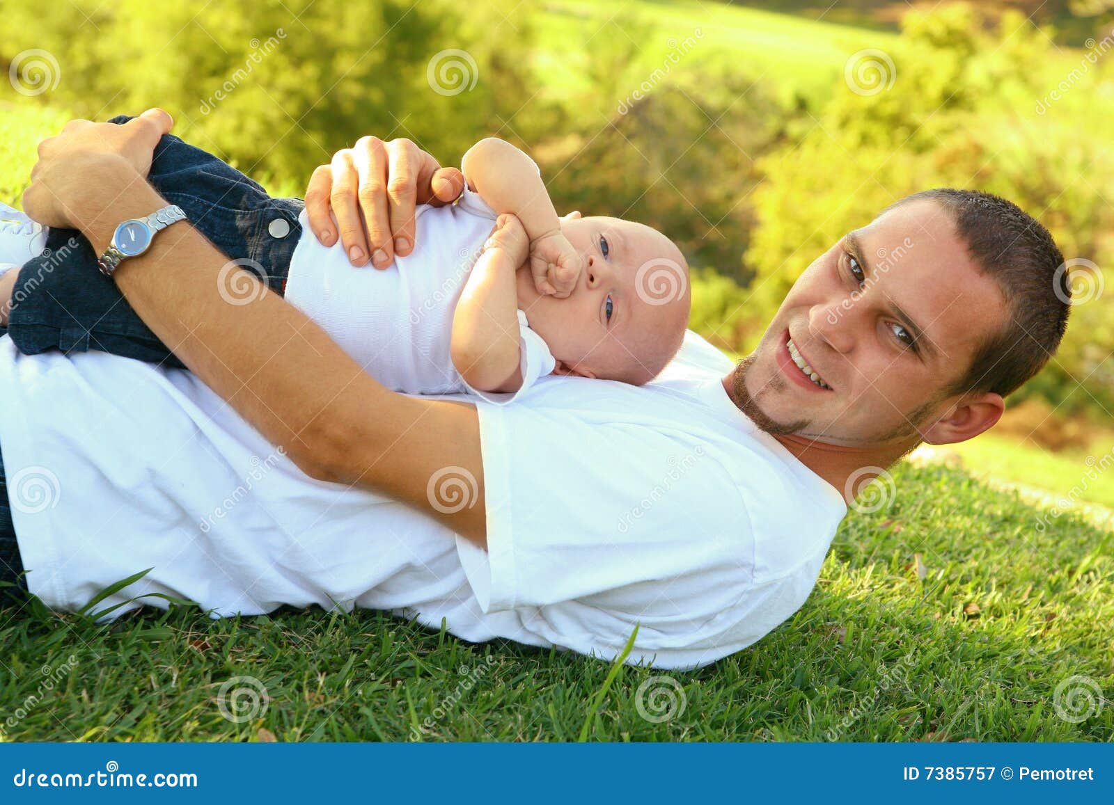 Happy Father Hold Baby Boy on Grass Relaxing Stock Image - Image of ...