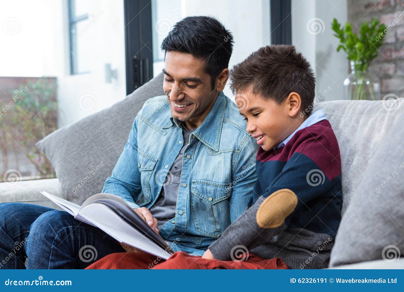 Happy Father Reading Book with His Son Stock Image - Image of home ...