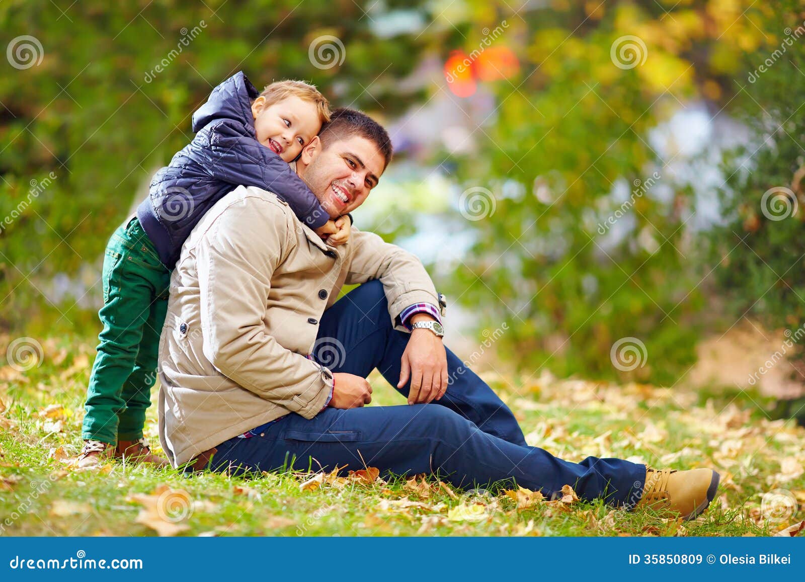 Happy Father and Son Having Fun in Autumn Park Stock Image - Image of ...