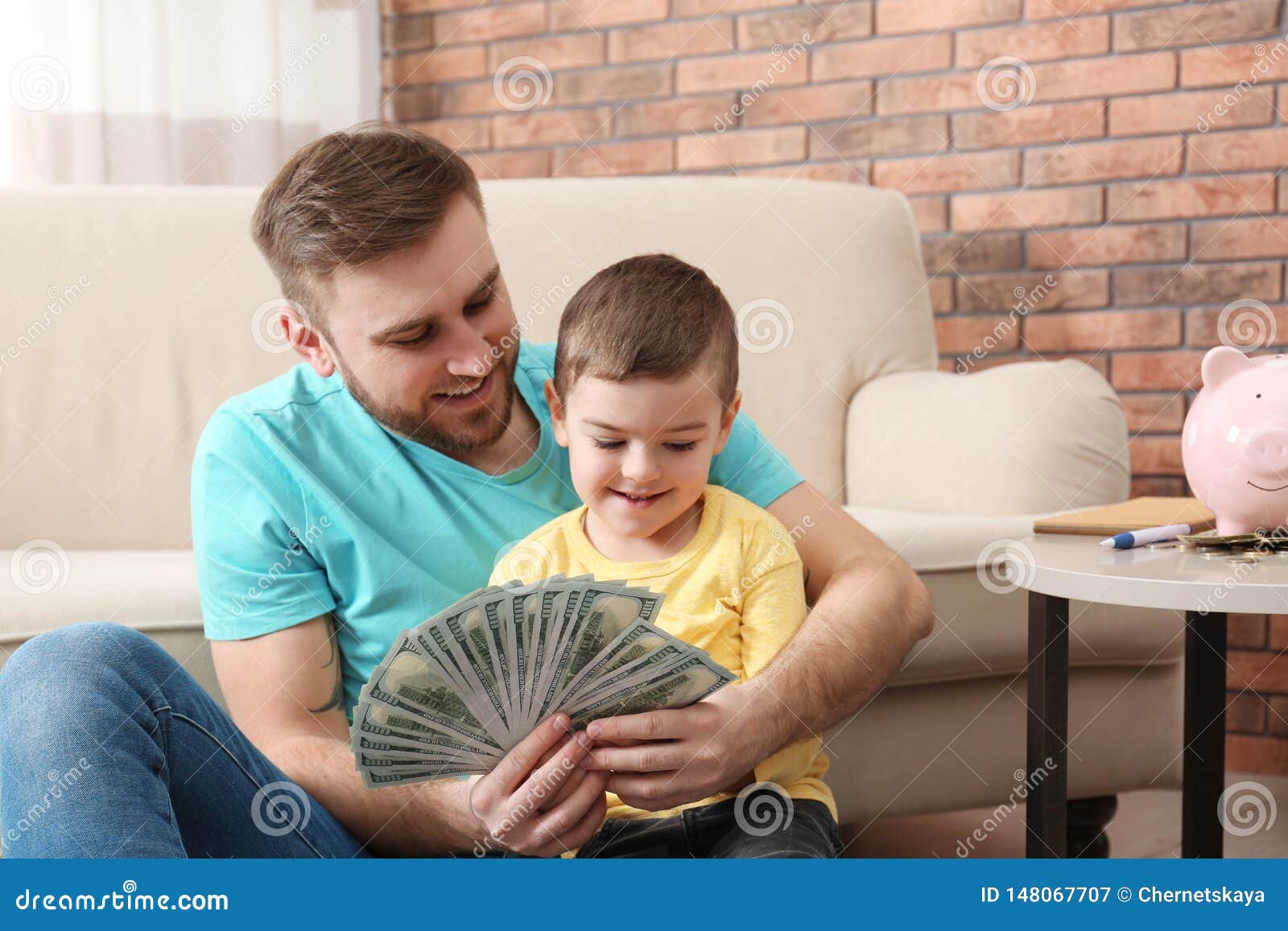 Happy Father and Son with Money Stock Image - Image of loan, count ...