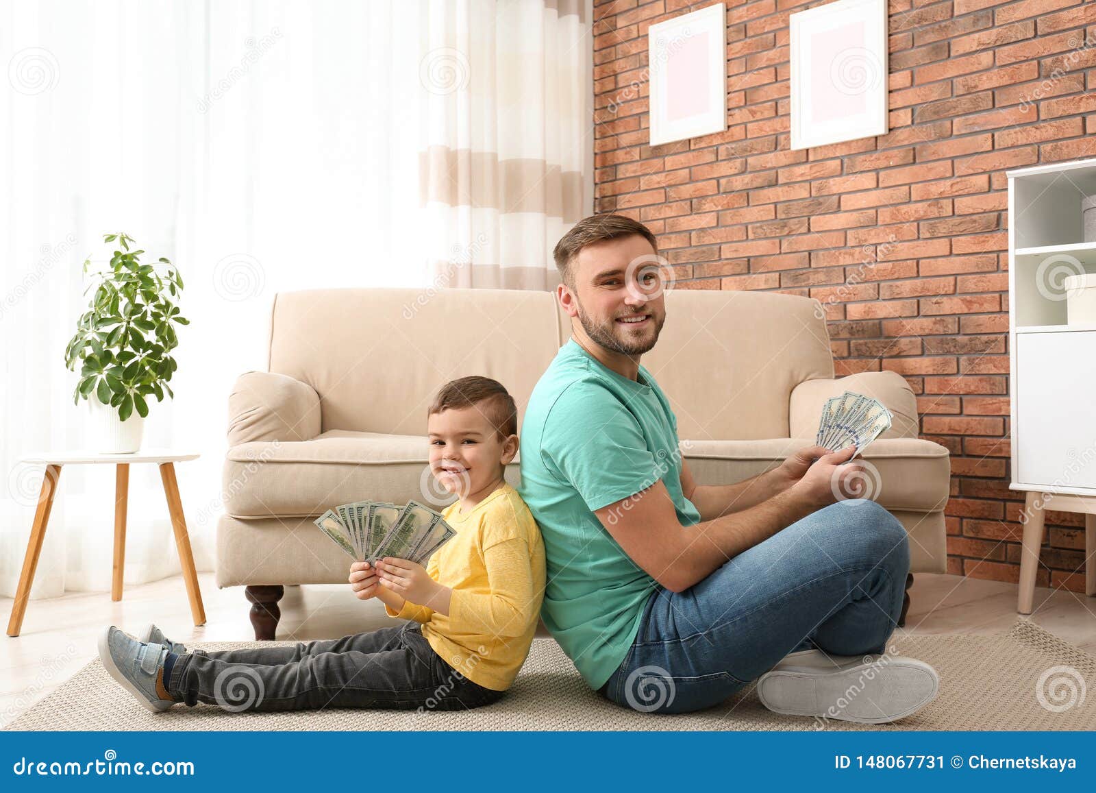 Happy Father and Son with Money Stock Image - Image of finance, floor ...