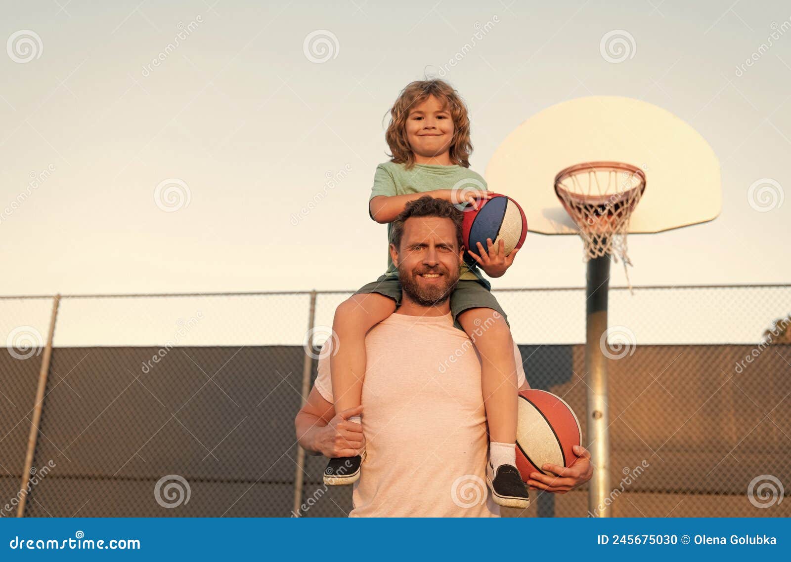 Happy Father and Son Play Basketball with Ball on Playground ... Happy Father and Son Play Basketball with Ball on Playground ...