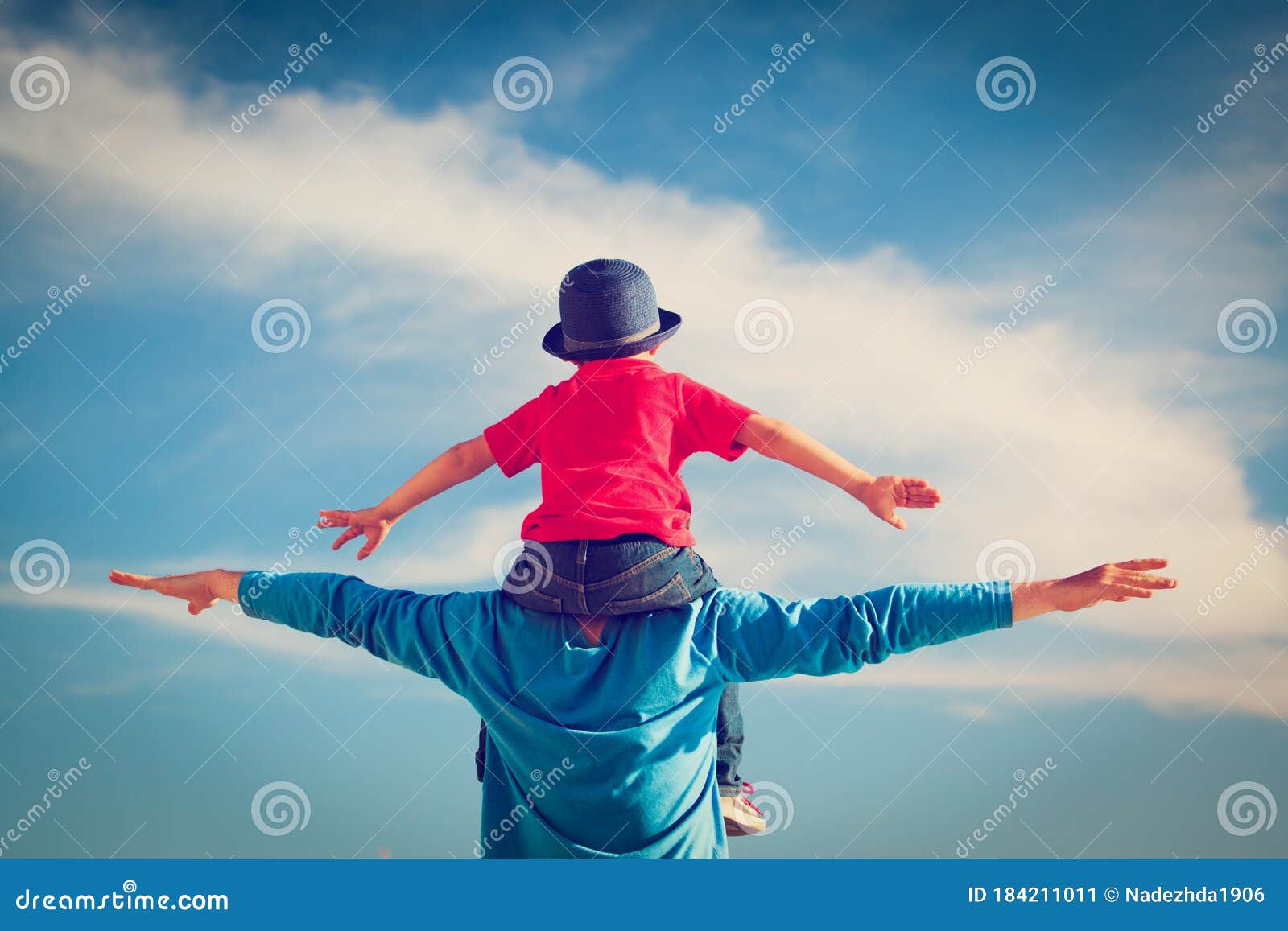 Happy Father and Son Playing on Sky Stock Image - Image of holding ...