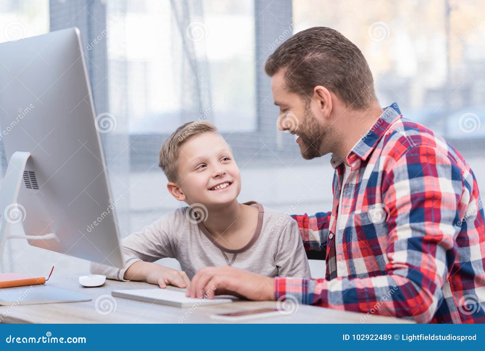 Father and Son with Desktop Computer Stock Image - Image of ...