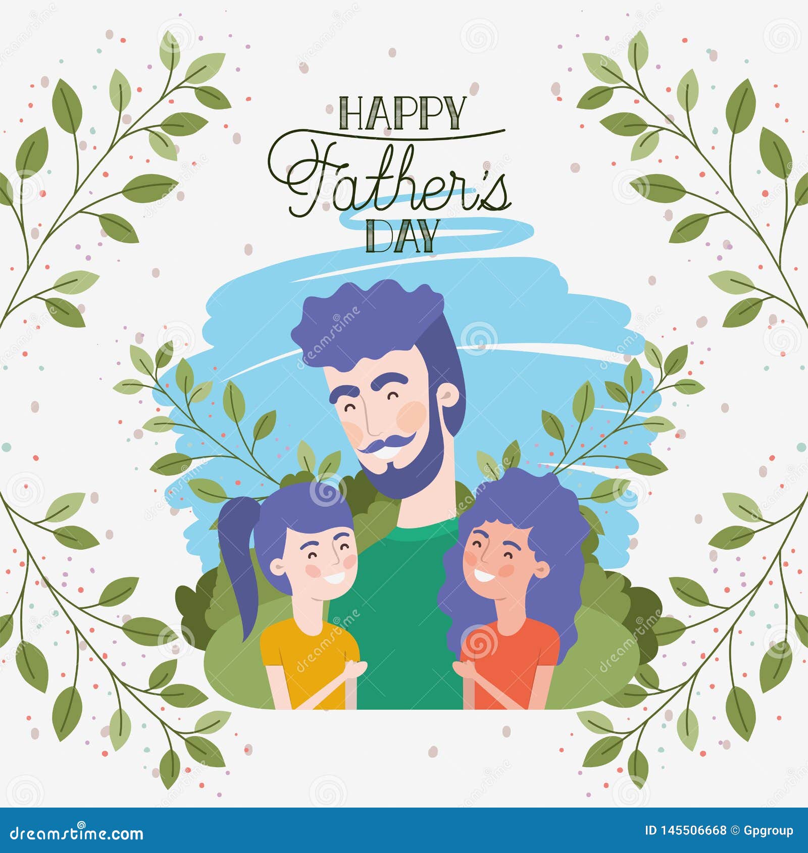 Happy Fathers Day Card with Dad and Daughters Characters Stock Vector ...