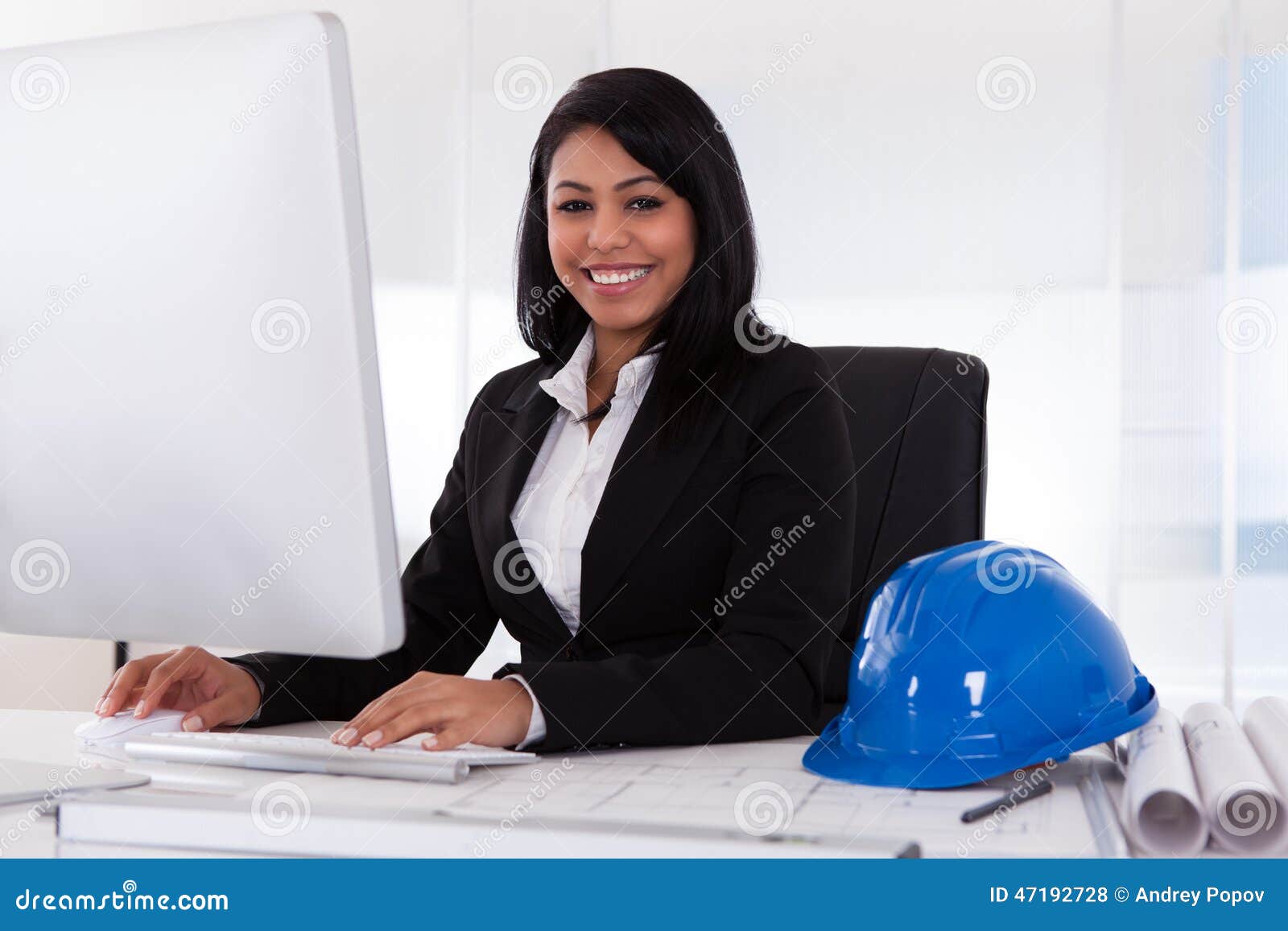 Happy Female Architect Using Computer Stock Photo - Image of looking ...