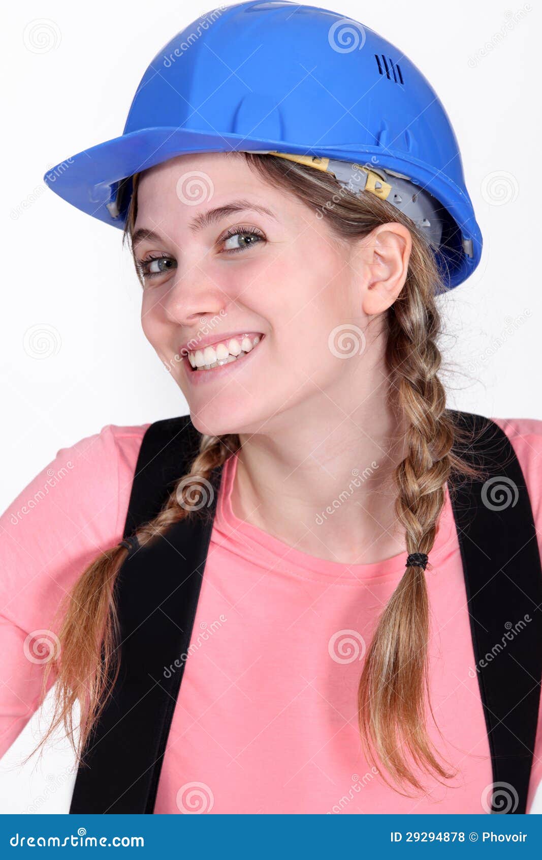 Happy female builder stock photo. Image of blue, material - 29294878