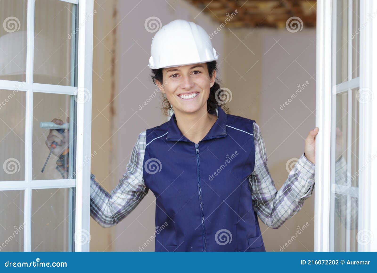 Happy Female Builder Opening Window Stock Photo - Image of project ...