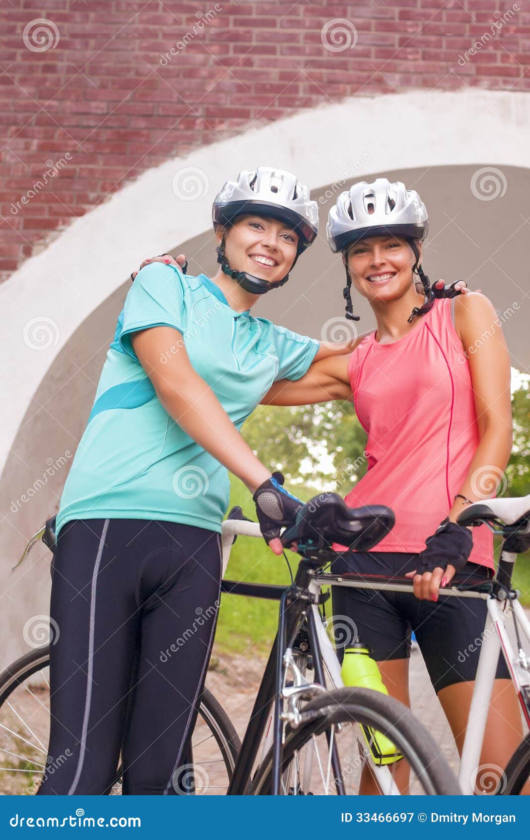 Happy Female Caucasian Cyclists Standing Outdoors Smiling Stock Image ...