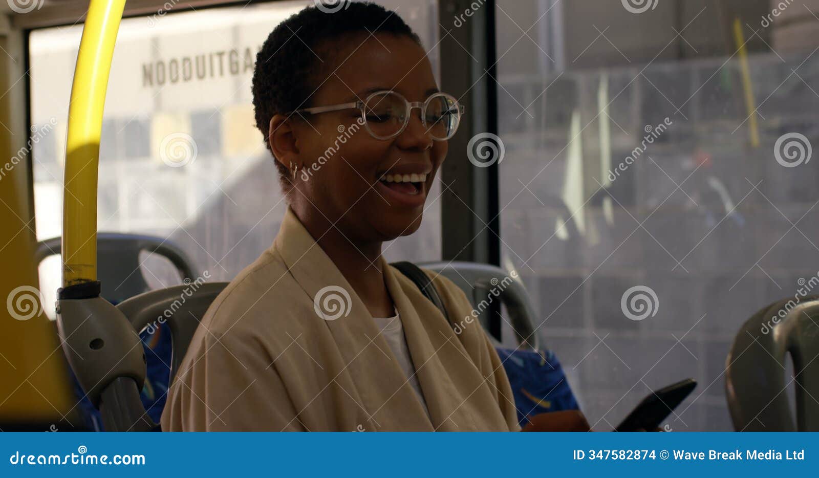 Happy Female Commuter Having Coffee while Using Mobile Phone in Bus 4k ...