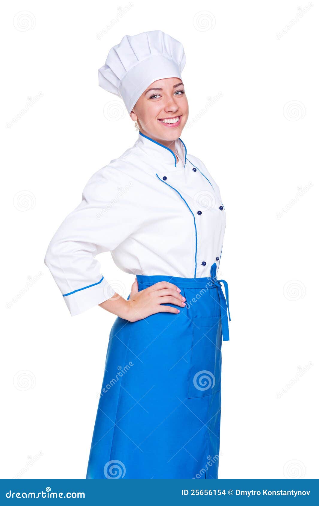 Happy Female Cook in Uniform Stock Photo - Image of blue, apron: 25656154