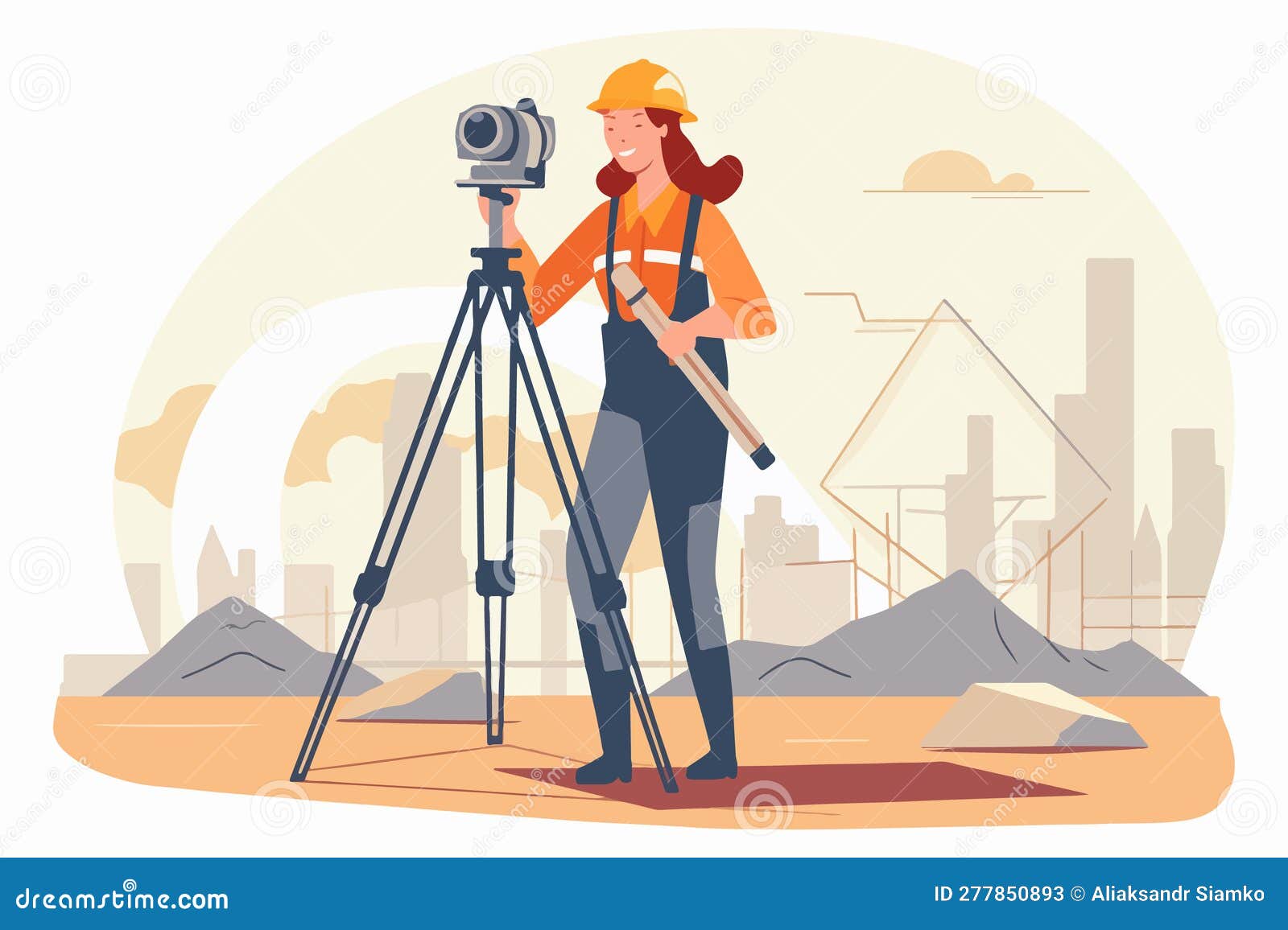 Happy Female Engineer in Helmet and Uniform Using Geodetic Equipment on ...