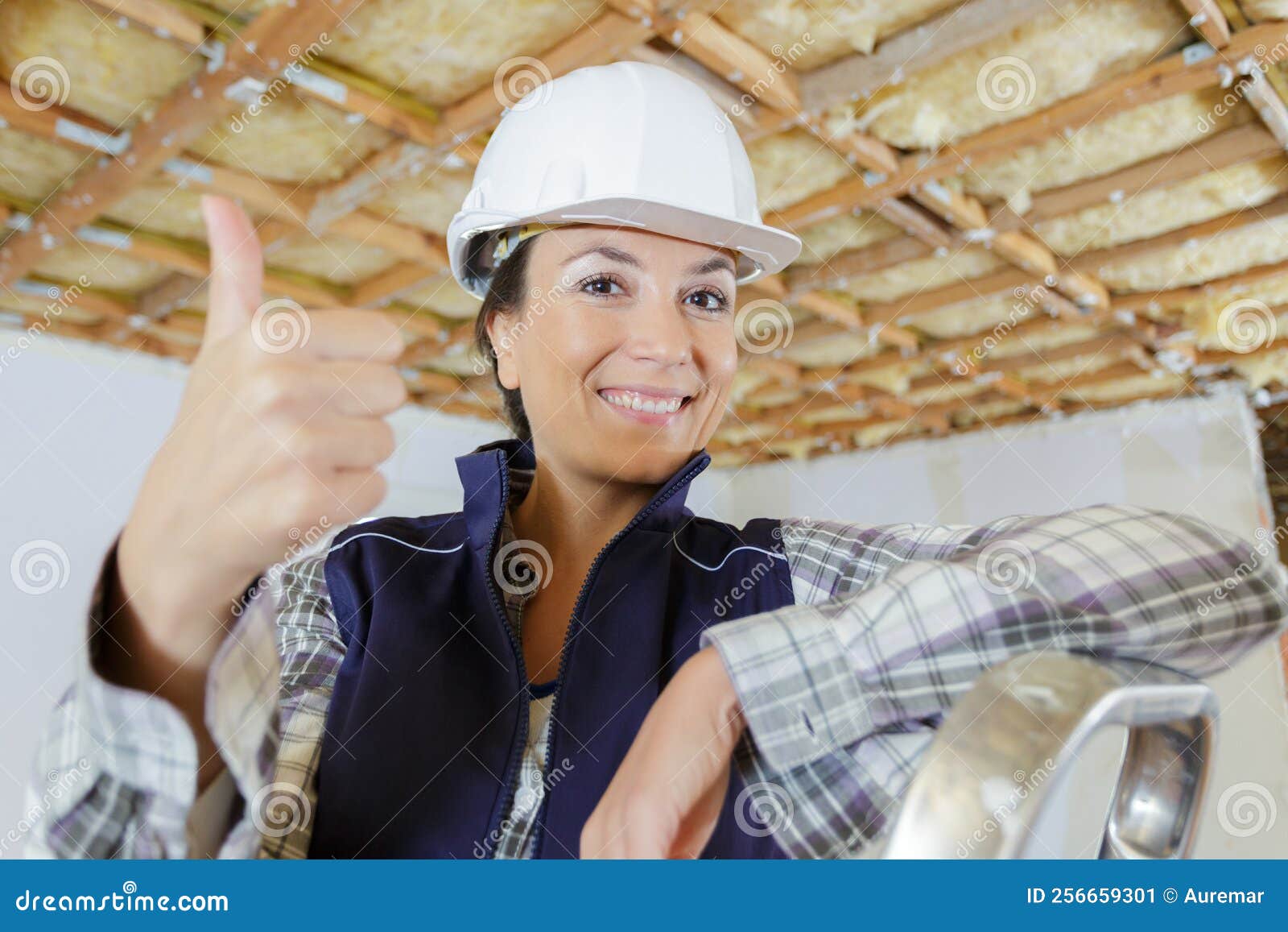 Happy Female Engineer Shows Thumbs Up Stock Image - Image of white ...
