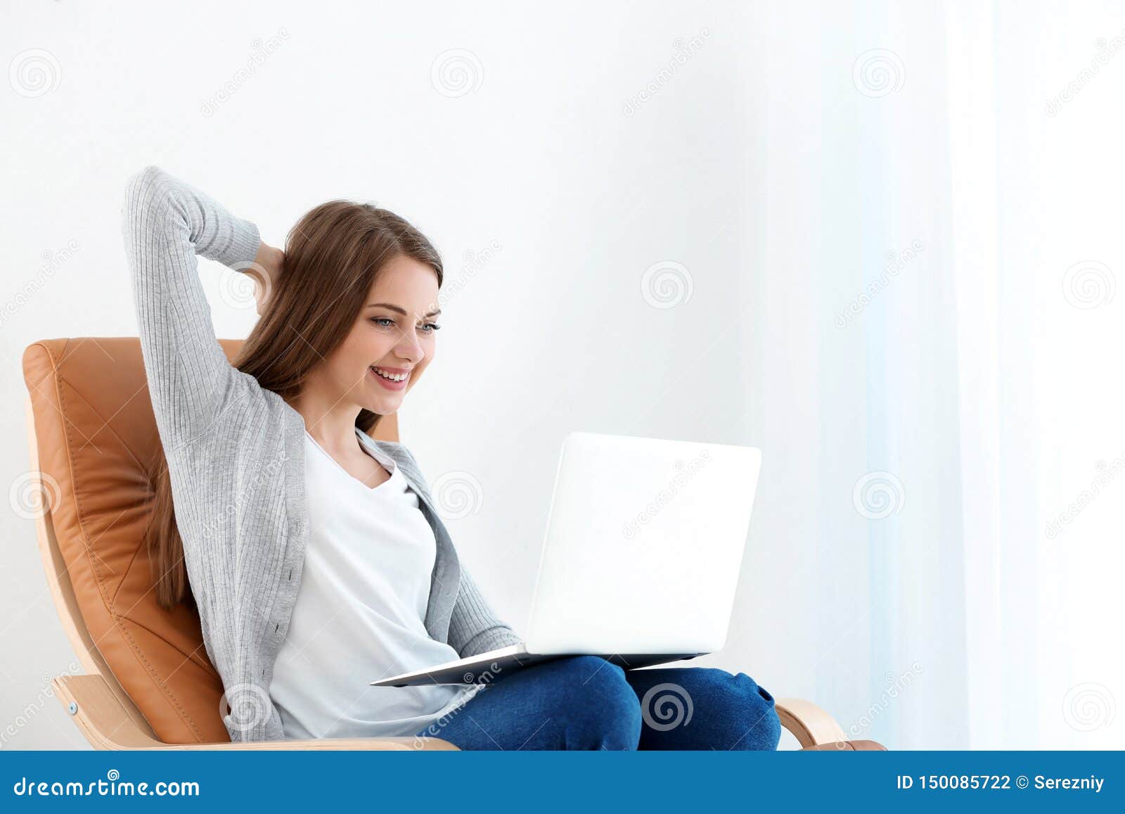 Happy Female Freelancer Working on Laptop at Home Stock Photo - Image ...