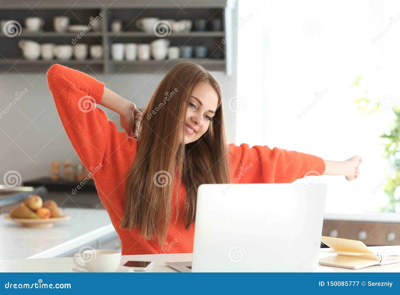Happy Female Freelancer Working on Laptop at Home Stock Image - Image ...