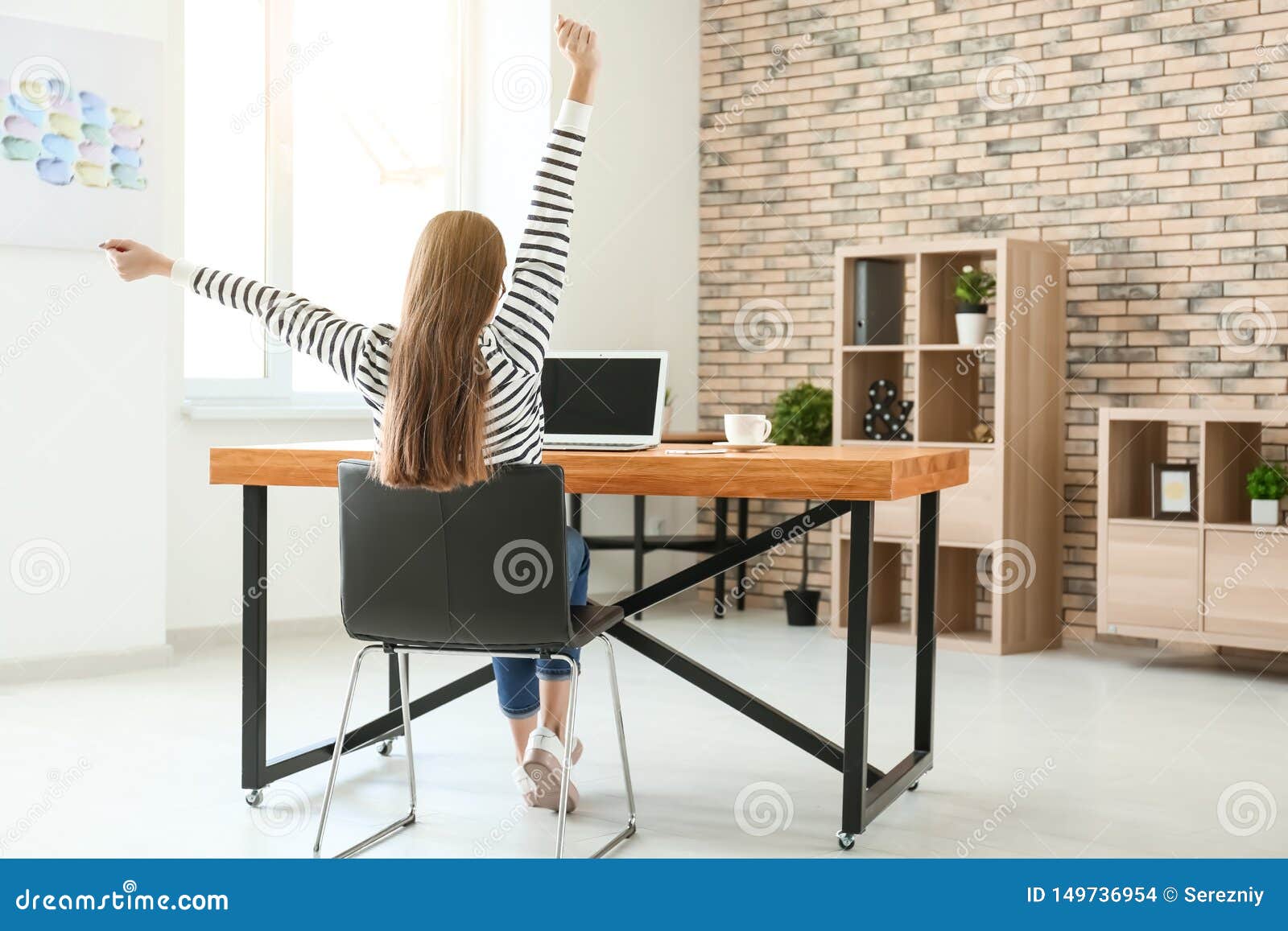 Happy Female Freelancer Working on Laptop in Home Office Stock Photo ...