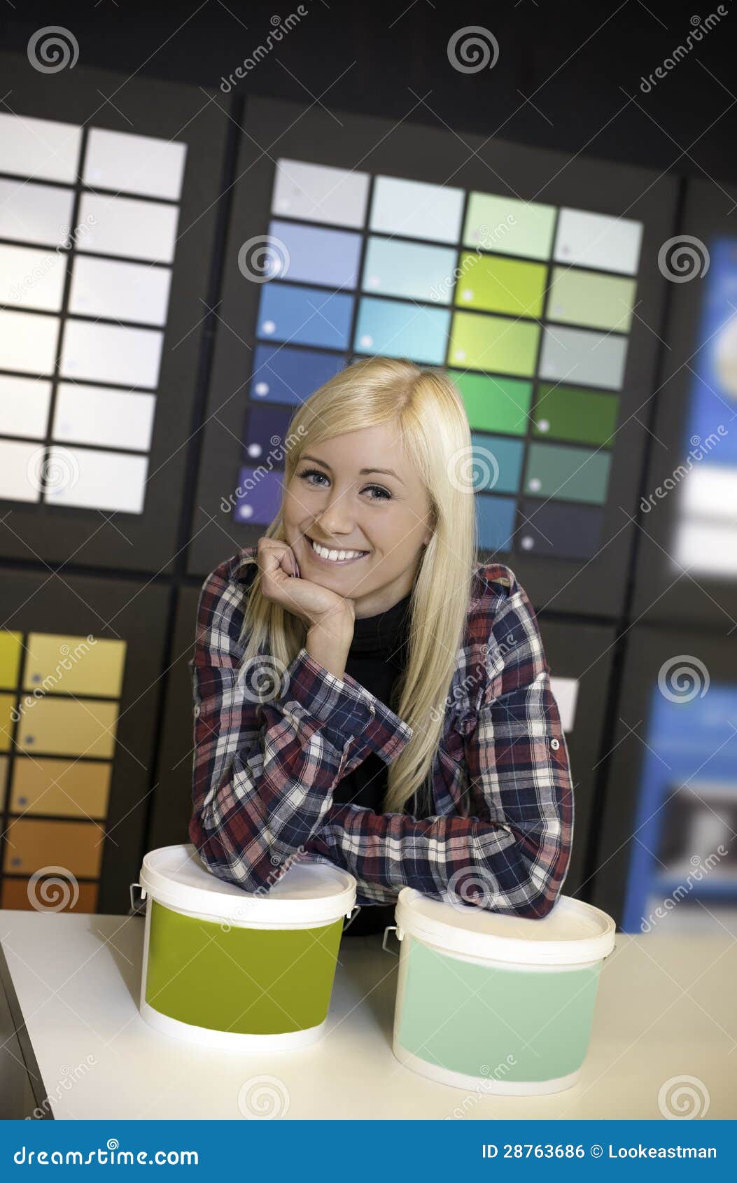 Happy Female in Hardware Shop Stock Photo - Image of standing, leaning ...