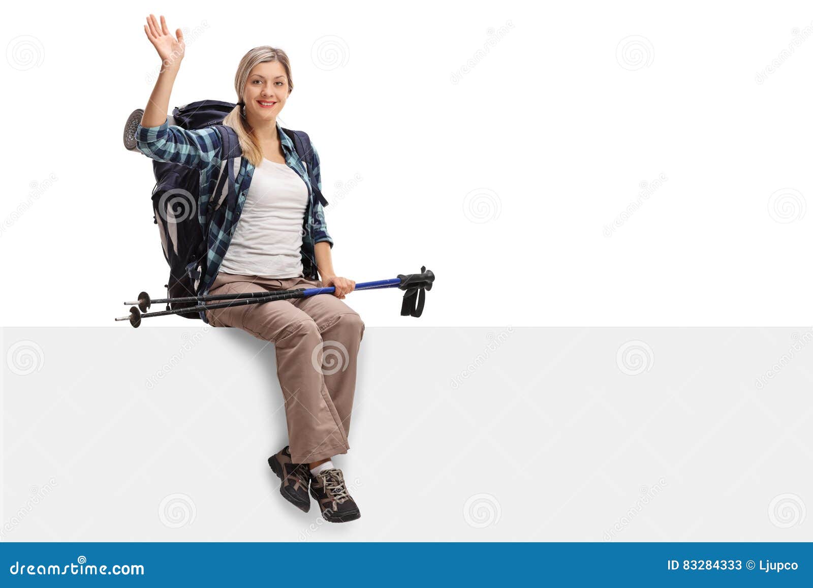Happy Female Hiker Sitting on a Panel and Waving Stock Image - Image of ...