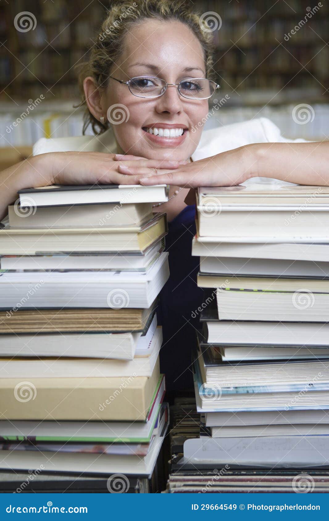 Happy Female Librarian Leaning on Stack of Books Stock Image - Image of ...