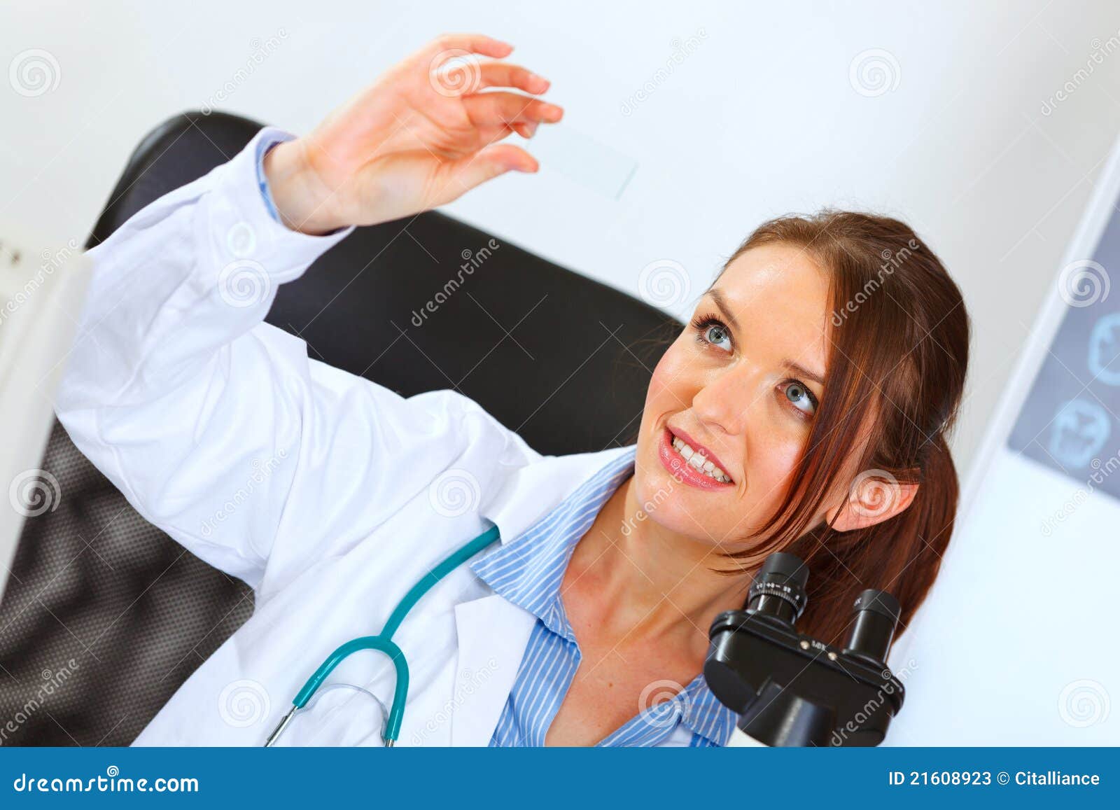 Happy Female Medical Doctor Working with Sample Stock Image - Image of ...