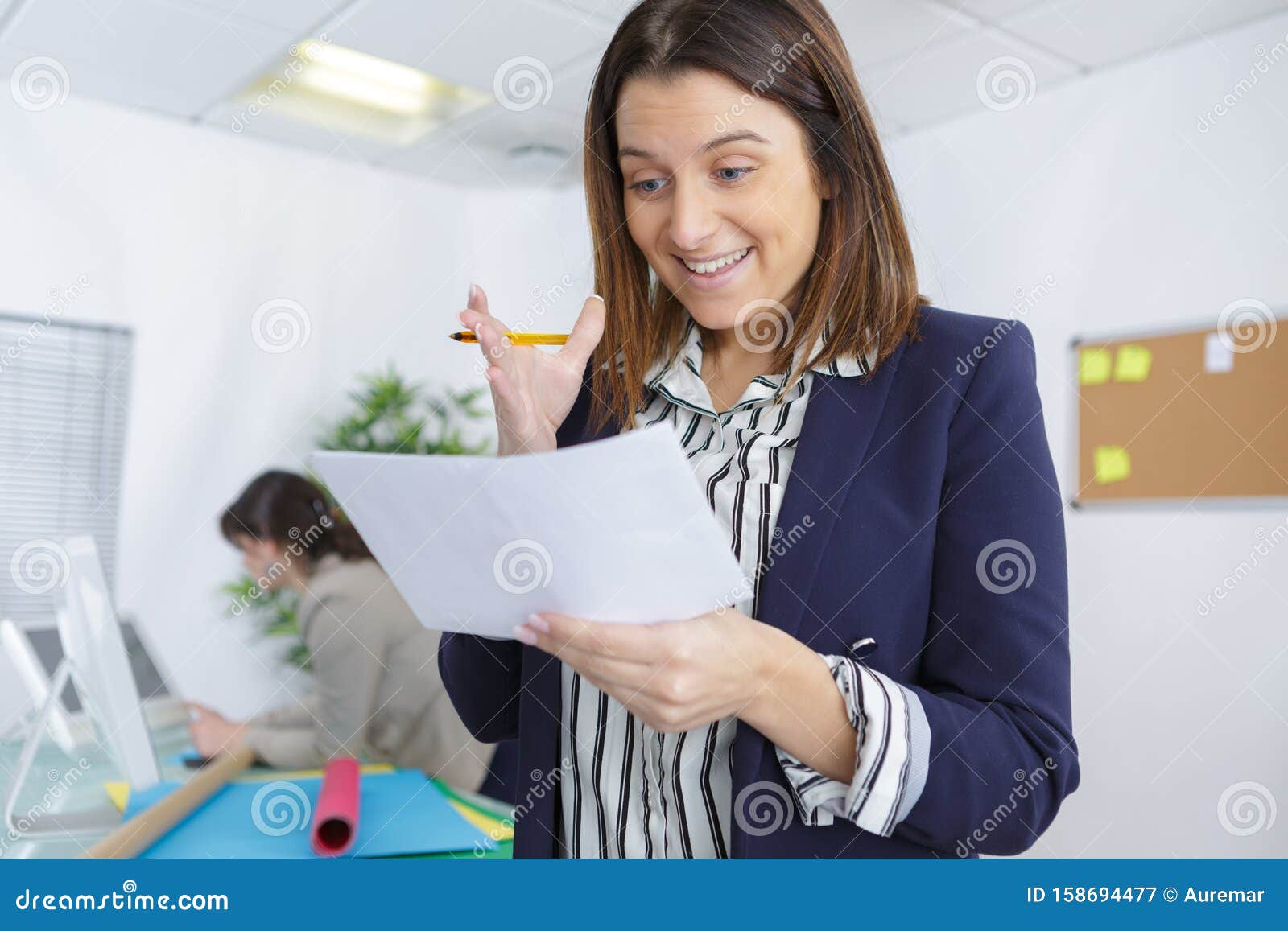 Happy female office worker stock image. Image of laptop - 158694477