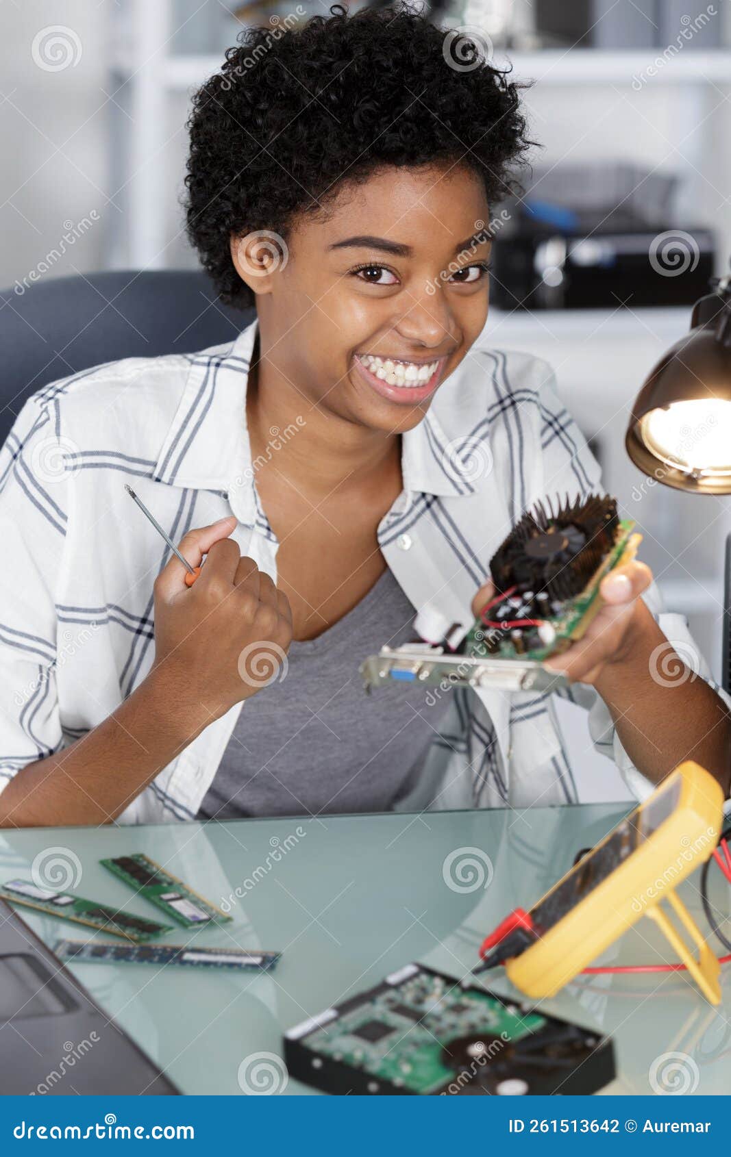 Happy Female Pc Technician Checking Pc Parts Stock Photo - Image of ...