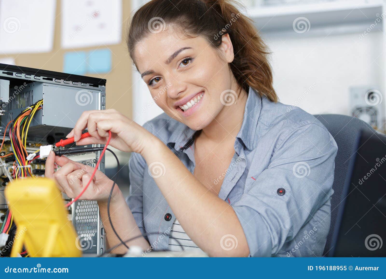 Happy Female Pc Technician Posing Next To Disassembled Pc Stock Image ...