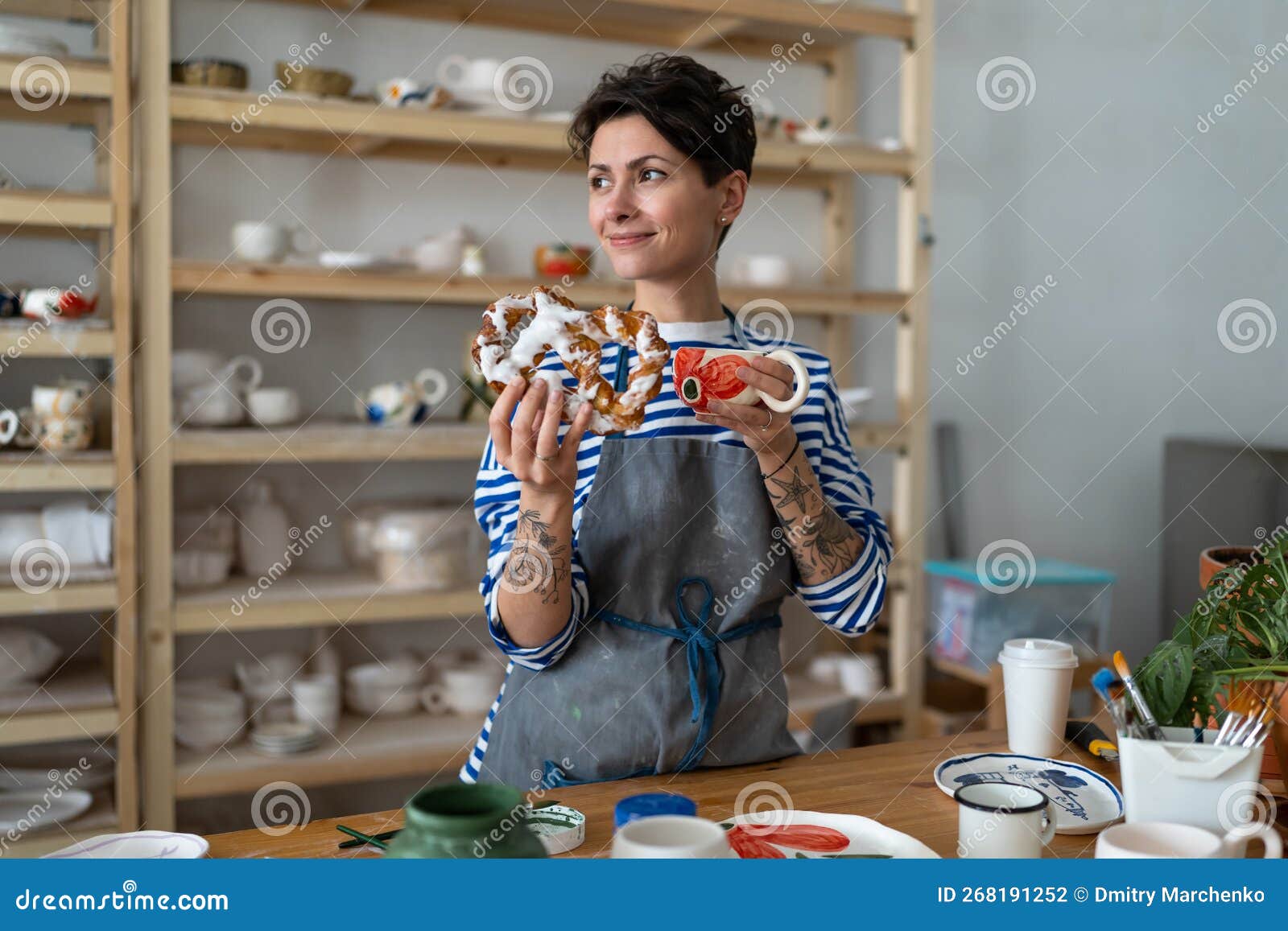 Happy Female Pottery Master Taking Coffee Break in Ceramics Studio ...
