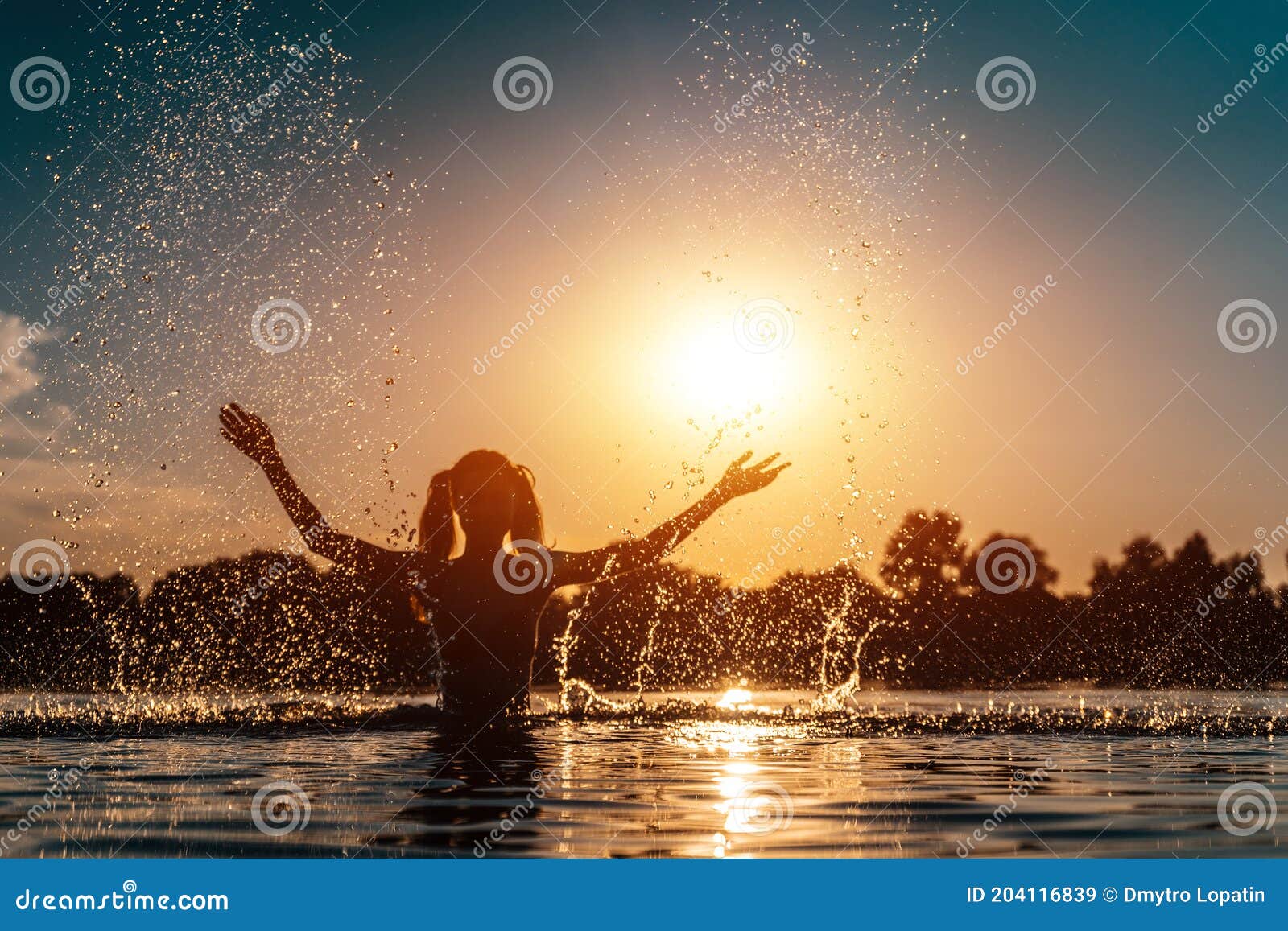 Happy Female In Red Bikini Splashing Or Play In Water And Have Fun At