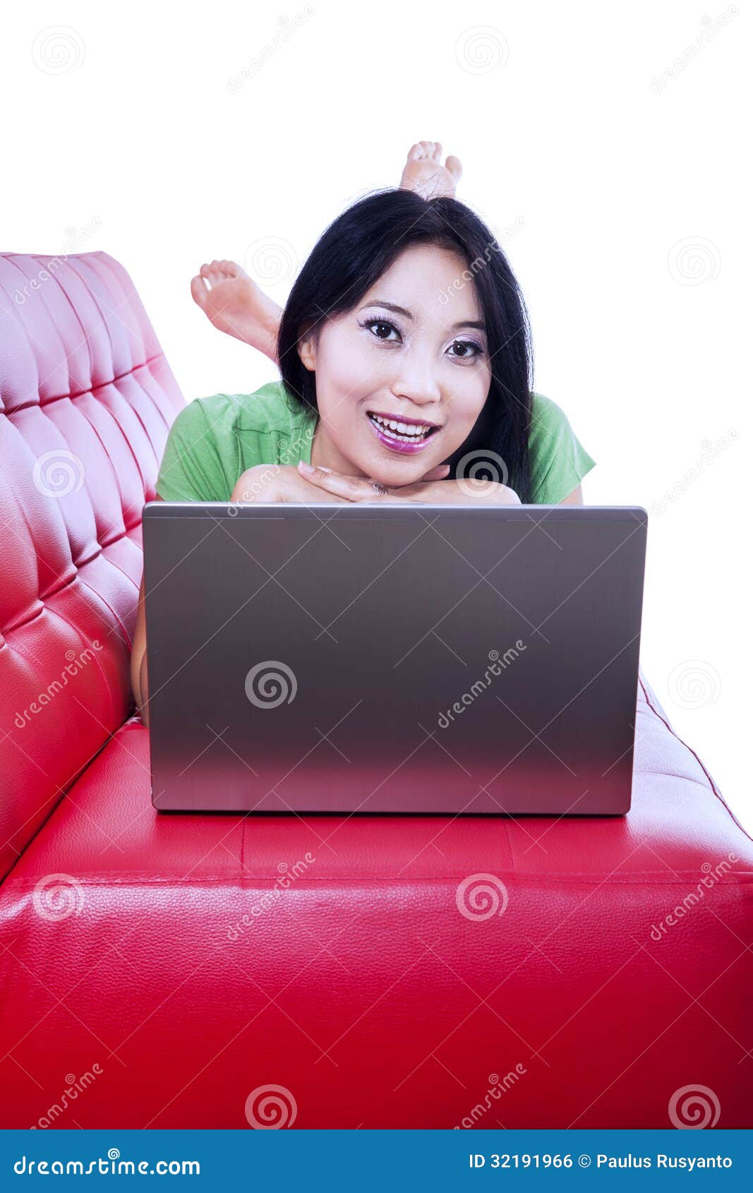 Happy Female on Red Sofa with Laptop - Isolated Stock Photo - Image of ...