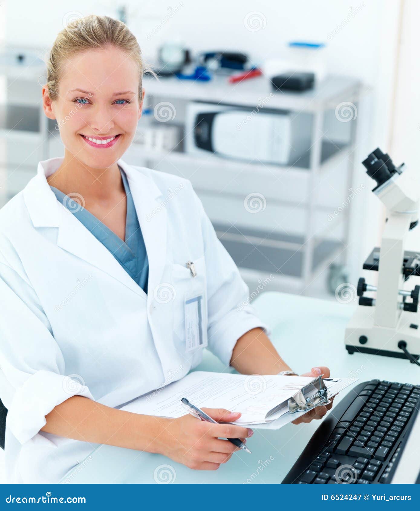 Happy Female Researcher by Microscope Smiling Stock Image - Image of ...
