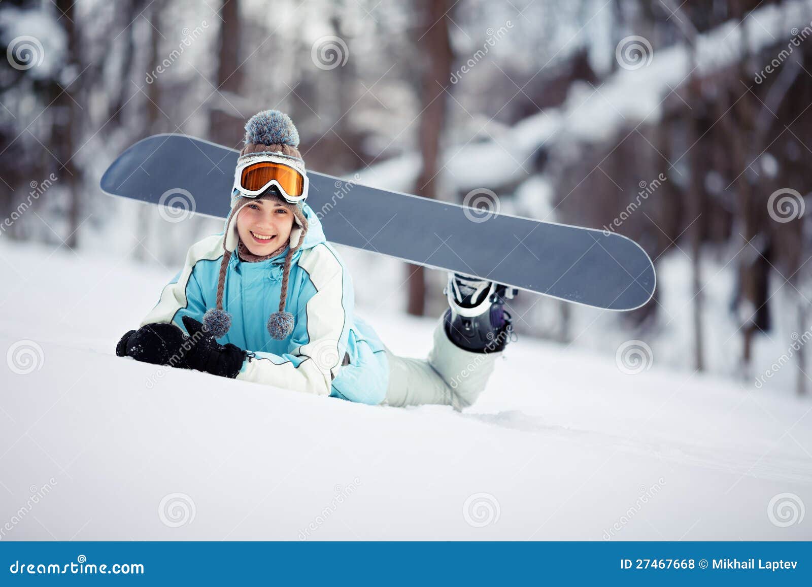 Happy Female Snowboarder Resting Stock Photo - Image of pretty, lying ...