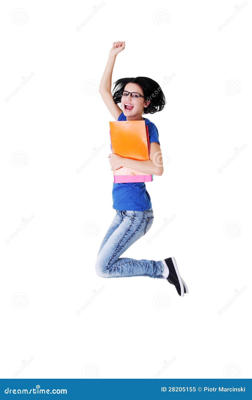Happy Female Student Jumping with a Notebook Stock Image - Image of ...