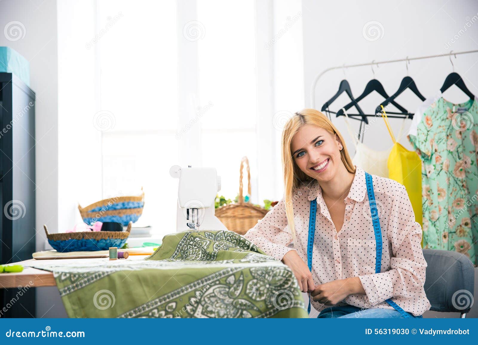 Happy Female Tailor Sitting at Her Workplace Stock Photo - Image of ...