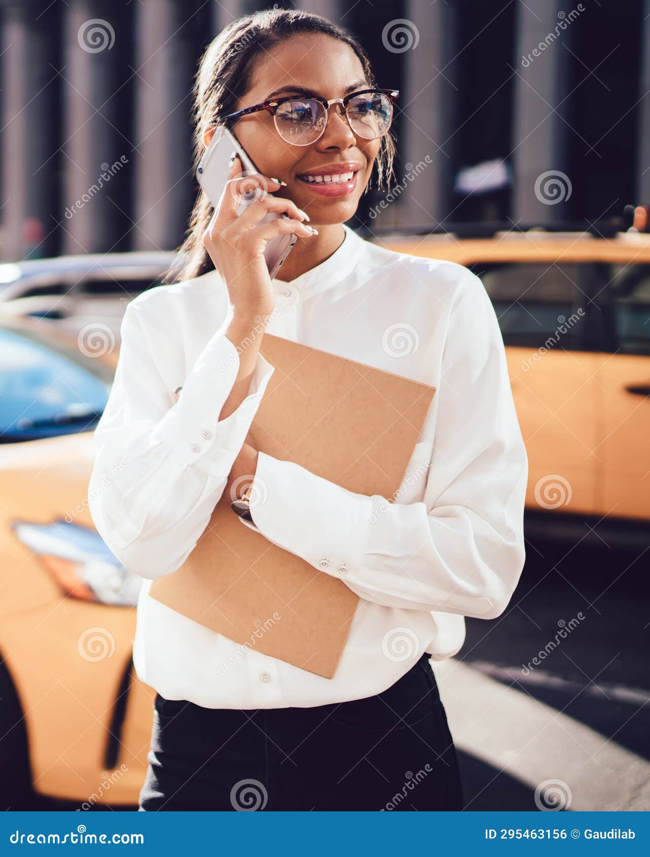 Happy Female Talking with Operator Via Cellphone Stock Photo - Image of ...