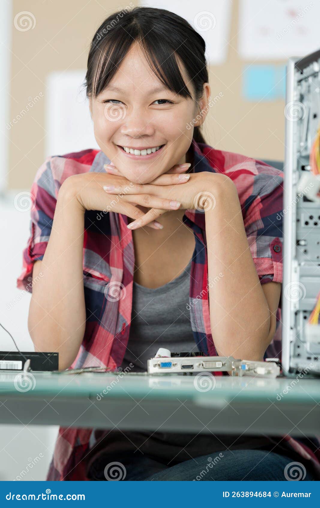 Happy Female Technician Fixing Computer Stock Photo - Image of room ...