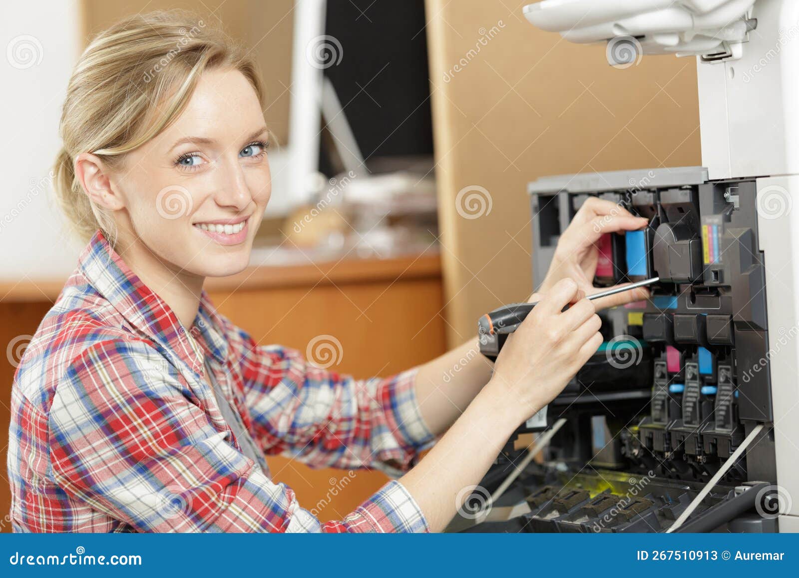 Happy Female Technician Fixing Printer Stock Image - Image of happy ...