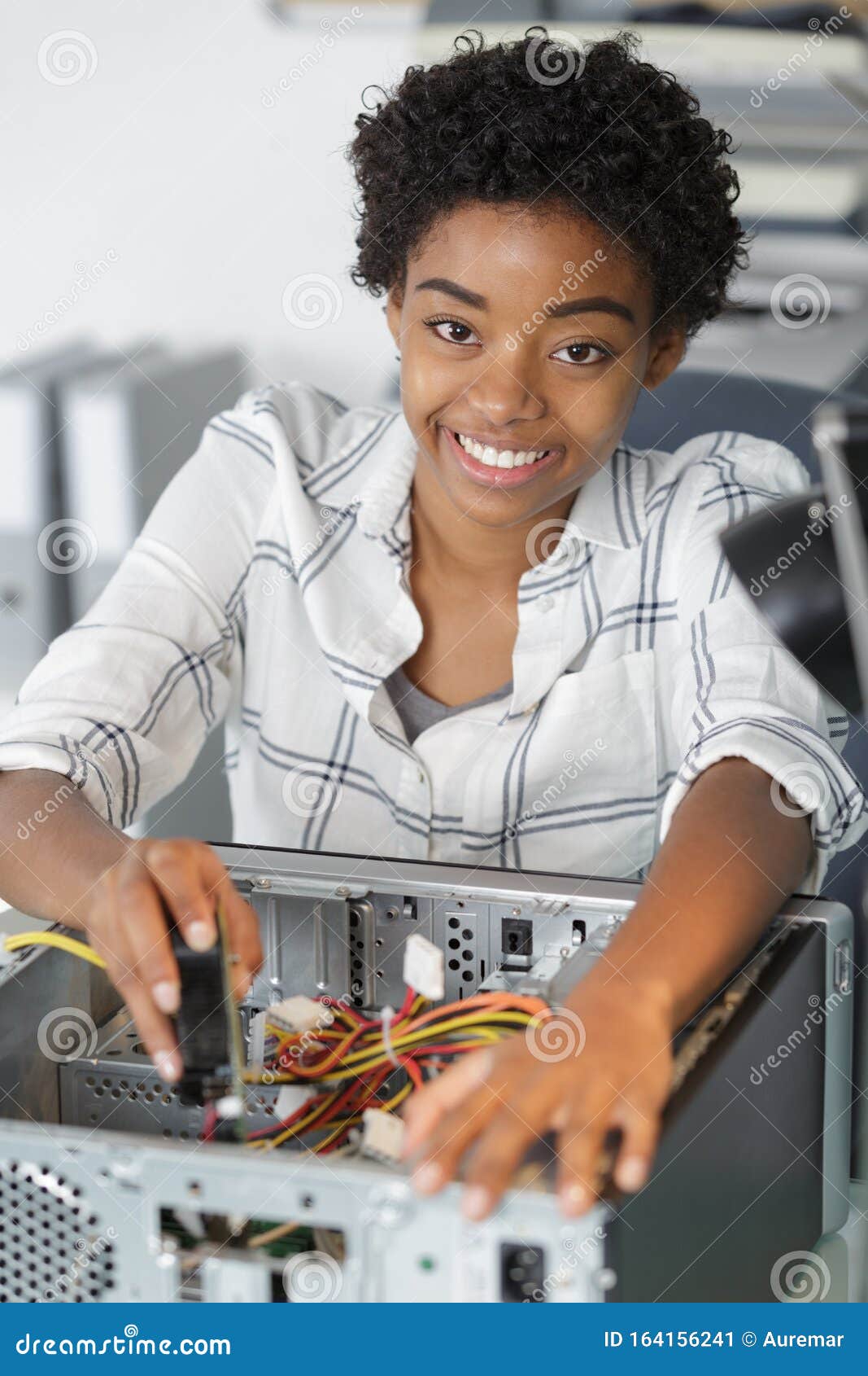 Happy Female it Technician Holding Computer Part Stock Image - Image of ...