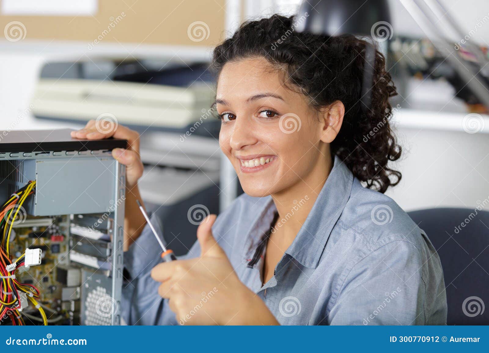 Happy Female Technician Showing Thumb-up Stock Photo - Image of ...